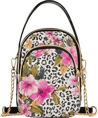 Mnsruu Sac à bandoulière pour femme - Imprimé léopard - Fleur rose - Petit sac à bandoulière avec sangle réglable