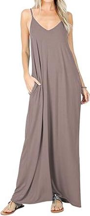 Generic Robe Longue dété pour Femme, Style bohème, Sexy, à Bretelles, décontractée, Ample, en Coton, avec Poches, pour la Plage