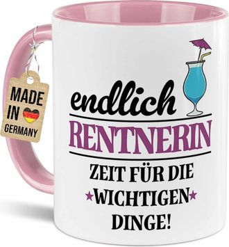 Tassendruck Tasse mit Spruch zum Ruhestand - Endlich Rentnerin - Geschenk für Frauen zur Rente, Abschiedsgeschenk Kollegin - Keramiktasse, 300 ml, Innen & Henkel 