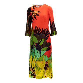 Valentino Garavani Robe Mi-longue &agrave; Manches Longues Imprim&eacute; Tropical - Femme - Robes - Orange - Taille: 36 FR
