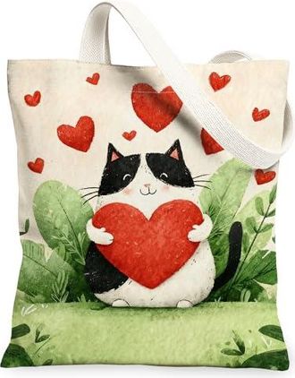 Generic Sacs fourre-tout en toile motif chat en forme de coeur, sacs d&eacute;picerie r&eacute;utilisables, l&eacute;gers et lavables, multicolore, 13x15 Inch