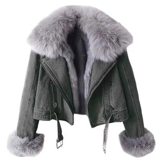 Generic Manteau dhiver en fausse fourrure pour femme - Veste en jean &eacute;paisse doubl&eacute;e de fausse fourrure - Manteau court doux amovible, gris fonc&eacute;, 3XL