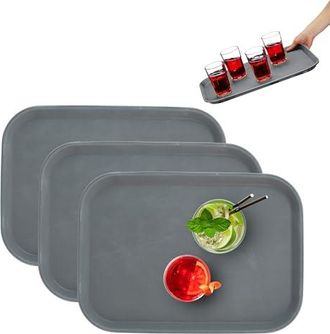 Relaxdays Serviertablett, 3er Set, rutschfeste Oberfl&auml;che, BxT: 35 x 25 cm, eckiges Kellnertablett, Gastronomie, grau