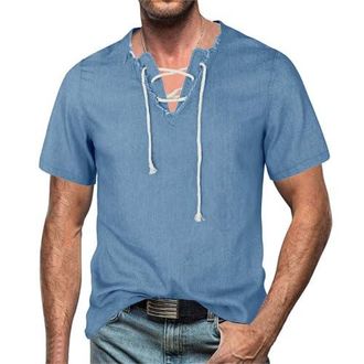 Generic DENGJIAMY T-shirts vintage pour hommes &agrave; lacets col en V T-shirt &agrave; manches courtes v&ecirc;tements unis hauts d&eacute;t&eacute; tendance pour hommes t-shirt d&eacute;contract&eacute;,