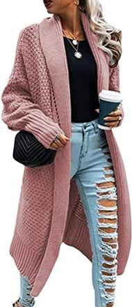 TOMWELL Femme Cardigan Long en Tricot Veste Ouvert Épais Manches Longues Pull Chaud Casual Capuche Manteau Sweater Hiver Chandail Outwear B Rose 3XL