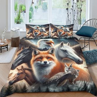 Generic Tiere Adler Fuchs Pferd Bettbezug Set 3D Gedruckter Bettwäschegarnitur Für Kinder Mädchen Jungen Bettwäsche Und 2 Kissenbezüge Weich Microfaser Reissv