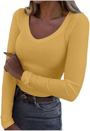 Generic T-Shirt Femme Manches Longues Col V C&ocirc;tel&eacute; Stretch Haut Basique Uni &Eacute;l&eacute;gant et Confortable pour Automne Hiver