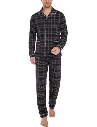 iClosam Pyjama Herren Lang Schlafanzug Winter Baumwolle Herrenschlafanzug Langarm Kariert M&auml;nner Loungewear Nachtw&auml;sche V-Ausschnitt Pijamas Winter mit Knopfl