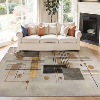 Generic Tapis 120 x 170 cm Lavable Poil Ras Anti Slip Chambre - Moderne Abstrait G&eacute;om&eacute;trique Carr&eacute; Th&egrave;me Tapis de Salon, Gris-Brun Moquette Decoration Maison 