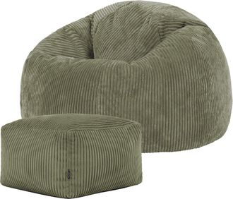 Icon Brand Kingston Sitzsack mit Hocker Cord, Salbeigr&uuml;n, Sitzsack Erwachsene mit F&uuml;llung, Bean Bag, Cord Sessel, Lounge Sessel, Lounge Stuhl, Schlafzimmer, Wohn