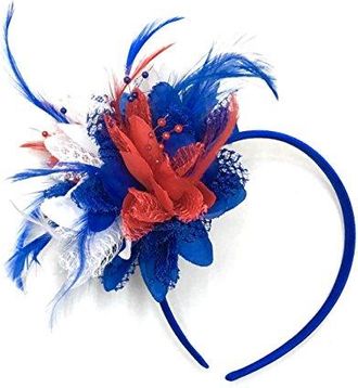 Caprilite Serre-tête avec plumes et fleurs blanches et rouges Motif Union Jack Bleu roi