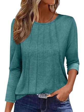 Onsoyours Shirt Damen 3/4 Arm Rundhals Mit Falten Tshirt Leichte Pullover Sommer Herbst Oberteile Casual Basic T-Shirts A T&uuml;rkis XL