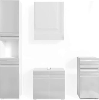 Vicco Badm&ouml;bel-Set Wei&szlig; Hochglanz Fredd, bestehend aus Badspiegelschrank, Waschbeckenunterschrank, Midischrank, Hochschrank - Zeitloses Design passend zu je