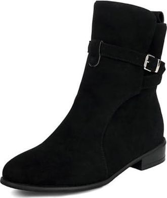 Generic Bottines pour femme style britannique rétro avec boucle de ceinture et bout rond - Chaussures dhiver à enfiler, Noir, 39.5 EU