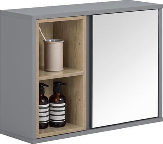 SoBuy Hängeschrank mit 1 Spiegeltür und 2 Fächern Spiegelschrank Spiegel Aufbewahrungsschrank für Bad Badezimmerschrank mit offenen Fächern Badschrank Dunke