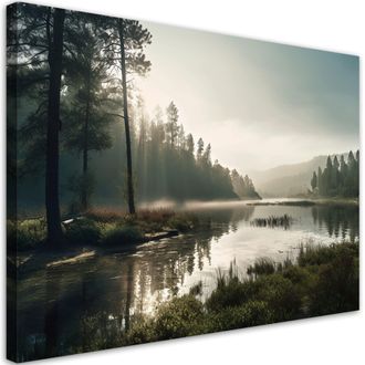 Feeby Bilder Nebel See Natur 90x60 cm 1 tlg Modern Leinwandbilder Bild auf Leinwand Kunstdruck Wand Bild Wanddeko Design Schlafzimmer B&uuml;ro Flur Hotel Spa Wo