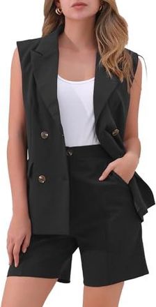 Allegra K Tenues dÉté 2 Pièces Femmes Blazer Croisé sans Manches avec Short Gilet de Costume à Double Bouttonnage Ensembles Tailleurs-Pantalons Courtes Noir XL