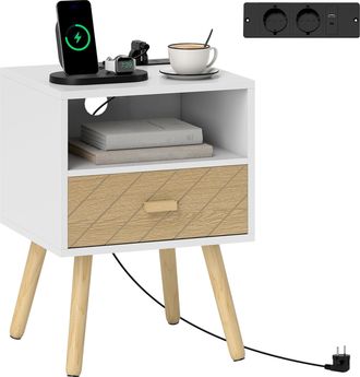 HOMCOM Nachttisch mit Ladestation, Nachttisch mit Schublade, 2 AC-Steckdosen, USB- und C-Typ-Anschluss, offenes Fach, Holzbeine, für Wohnzimmer, Schlafzimmer