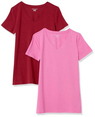Amazon Essentials Damen T-Shirt Regular Fit mit kurzen Ärmeln und V-Ausschnitt, 2er-Pack, Burgunderrot/Rosa, XL