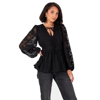 Lovedrobe Womens Floral Top Ladies Blouse Long Balloon Sleeve V-Neckline Peplum Chiffon Tie Front Smart Casual Office Wear, Noir 54