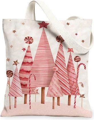 Generic Sacs fourre-tout en toile motif sapins de No&euml;l, sacs d&eacute;picerie r&eacute;utilisables, l&eacute;gers et lavables avec bandouli&egrave;re pour voyage, shopping, 33 x 38 cm