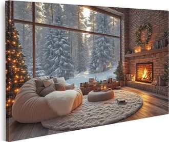 Islandburner Bild auf Leinwand Gem&uuml;tliches Winterwohnzimmer mit Kamin und Schneeblick Bilder Wandbilder Poster