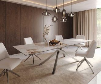 DELIFE Esstisch Edge 300x100 Keramik Minas Melange Wei&szlig;-Beige Kreuzgestell Rechteck Edelstahl, Esstische