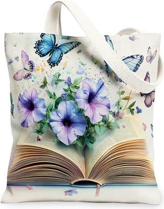 Generic Sac fourre-tout en toile motif p&eacute;tunias de printemps pour le shopping, 33 x 38 cm, livre amusant, fleurs, papillons, sac d&eacute;picerie r&eacute;utilisable pour f