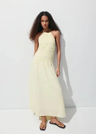 Mango Robe en bambula avec d&eacute;tail fronc&eacute; jaune pastel - Femme - S - MANGO