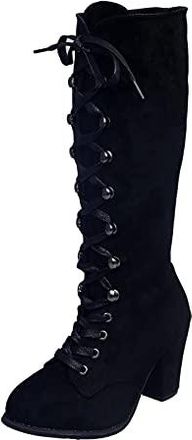 Generic Bottes montantes pour femme, talon bloc à lacets mi-mollet, bottes de motard automne-hiver, bottes à talons mi-hauts en daim à lacets et fermeture écl