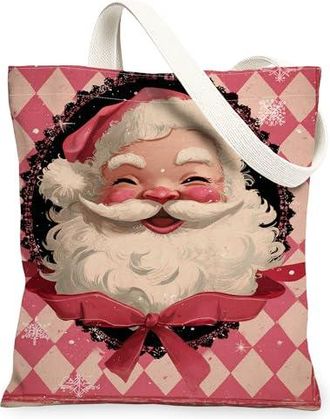 Generic Sacs fourre-tout en toile motif Père Noël réutilisables, vintage, légers et lavables avec bandoulière pour lextérieur, pêche, 13x15 Inch