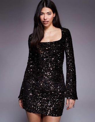 Asos Robe courte en velours &agrave; sequins avec encolure carr&eacute;e - Bronze-Brown