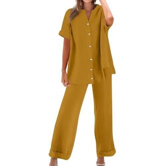 Generic Ensemble de pyjama 2 pi&egrave;ces &agrave; manches longues pour femme - V&ecirc;tement de d&eacute;tente tendance et confortable - Surv&ecirc;tement de nuit pour femme, dor&eacute;, XXXXXL