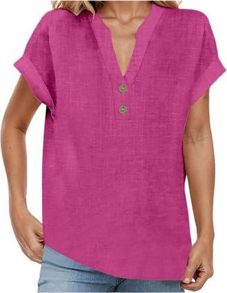 Generic Chemises d&eacute;t&eacute; en lin pour femme 2025 tendance boutonn&eacute;e &agrave; manches courtes en gaze pour femmes, hauts &agrave; col montant, chemisiers l&eacute;gers en lin et coton,