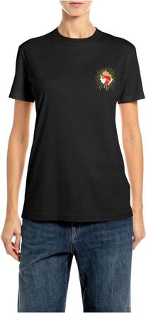 Replay Regular Fit Herz-Print T-Shirt - - Tops - Damen - Schwarzk - XS