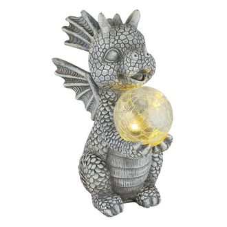 Globo Lighting Solarleuchte Drache Gartendeko Tierfigur grau Solarlampe Kugel Bruchglas Drache, LED warmwei&szlig;, LxBxH 19x13,5x27,5 cm