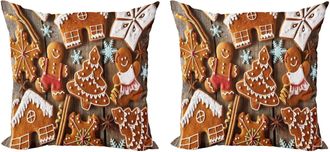Abakuhaus Lebkuchenmann Kissenbezug Set (2Stück), Cookies Schnee, doppelseitiges Digitaldruckdekor mit Reißverschluss, 45 cm, Hellbraun Weiß Umbrabraun