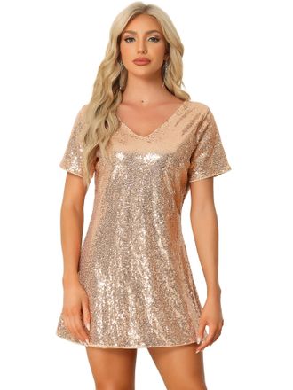 Allegra K Damen Halloween-Kost&uuml;m Pailletten Kleid, Glitzer, V-Ausschnitt, Kurz&auml;rmelig, Clubwear-Party Mini Kleid Champagner Gold XL