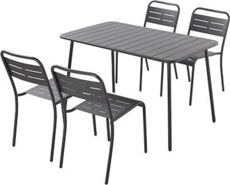 Concept Usine | Ensemble Salon de Jardin 4/6 Places | Design M&eacute;tal BERGAME Gris | Table Repas Rectangle + 4 Chaises Empilables | Structure Robuste Acier + Epoxy | P