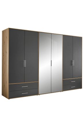 Boxxx Kleiderschrank, Graphit, Eiche Artisan, Holzwerkstoff, 5 Fächer, 4 Schubladen, 305x207x58 cm, Schlafzimmer, Kleiderschränke, Drehtürenschränke