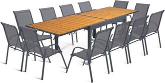 IDMarket Salon de jardin poly extensible table 135-270 cm et 12 chaises bois et gris fonc&eacute;