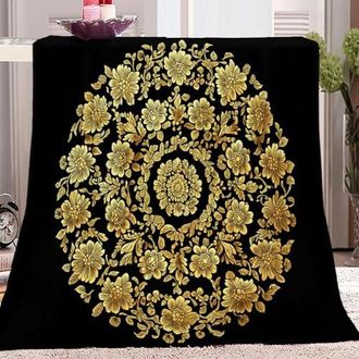 Generic Motif Floral Doré Couverture Plaid Noir 70x100 cm Plaid Polaire, Couverture et Plaid Canapé Grande Taille en Flanelle Douce et Chaude, Confortable pou