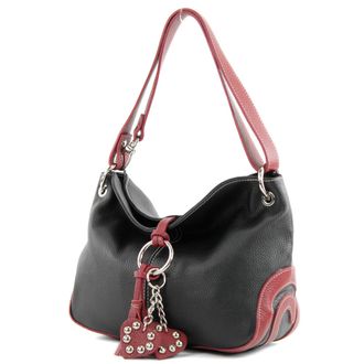 modamoda.de T10 - ital. Schultertasche Umh&auml;ngetasche aus Leder, Farbe:Schwarz/Dunkelrot