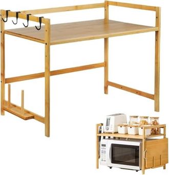 Generic &Eacute;tag&egrave;re &agrave; Micro-Ondes en Bambou 2 Niveaux avec 4 Crochets et Support for Planche d&eacute;couper, r&eacute;glable, Durable, multifonctionnelle, Style Rustique, cham