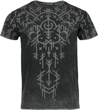 Black Premium by EMP Homme T-Shirt Noir d&eacute;lav&eacute; avec des Runes et des cr&acirc;nes de Corbeaux L
