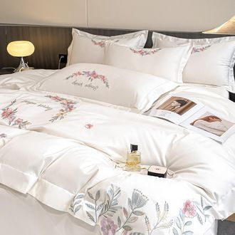 Generic Luxuri&ouml;ses Bettw&auml;scheset mit Stickerei, 4-teiliges Bettw&auml;scheset weiches, atmungsaktives Bettbezugset Baumwolle vierteiliges Set mit 1 Bettbezug, 1 Be