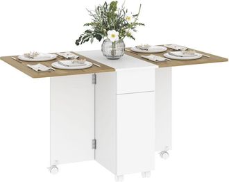 HOMCOM Table à manger pliable - HOMCOM - 6 personnes - sur roulettes - 2 tiroirs 2 placards - panneau de particules - 140x76x74cm - blanc