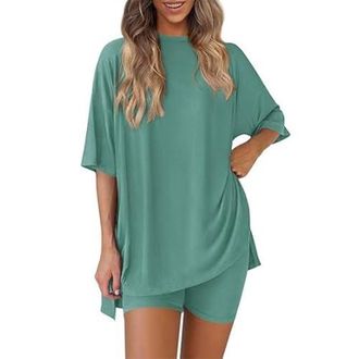 Generic Frunqui Ensemble 2 pi&egrave;ces, ensemble de pantalons d&eacute;t&eacute; pour femme, ensemble d&eacute;t&eacute; pour femme, col rond, manches courtes, Vert, XXL