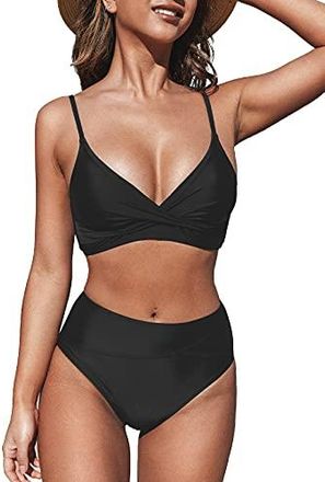 Cupshe Femme Bikini Torsadé Taille Haute Ensemble Bikini Col V Élégant Maillots de Bain 2 Pièces Noir XS