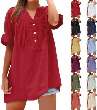 Generic T-shirt long élégant plissé pour femme - Col en V - T-shirt long avec boutons - Été - Respirant - Tunique surdimensionnée - Manches courtes - Léger - 